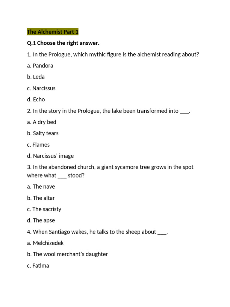 The Alchemist Part 1 - Quiz - H6 | PDF