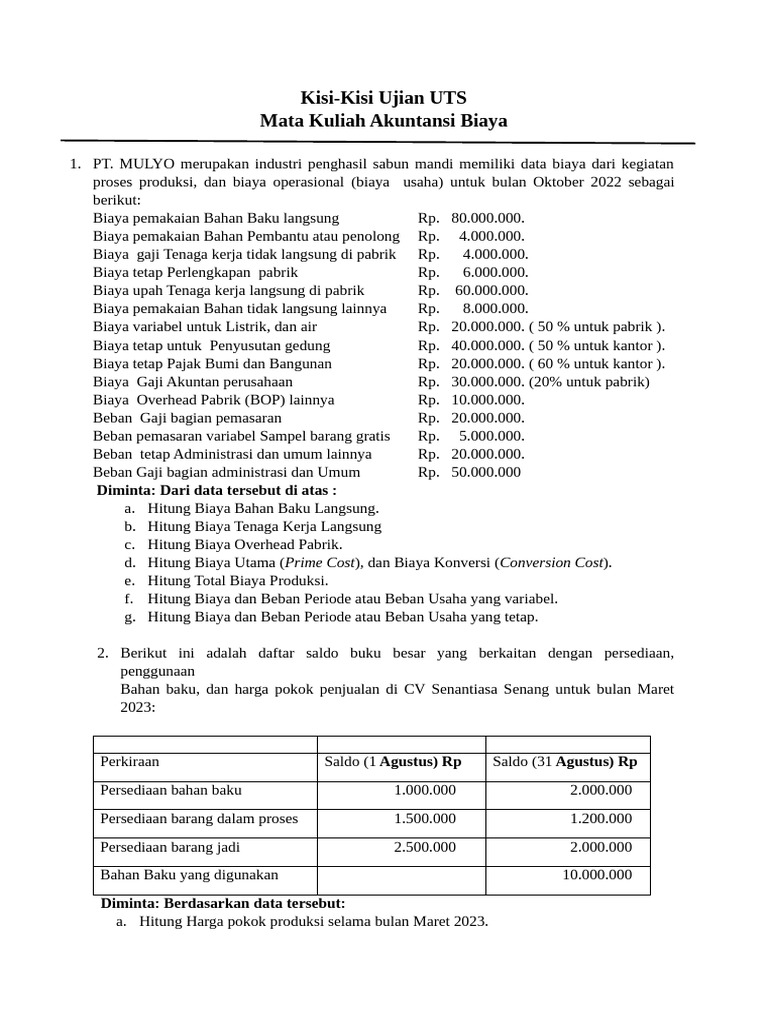 Kisi Kisi UTS Akuntansi Biaya 2024 | PDF