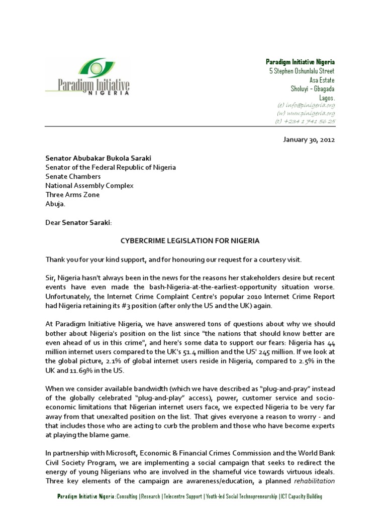 Cybercrime Legislation Lobby Letter | Nigeria | Online Safety & Privacy