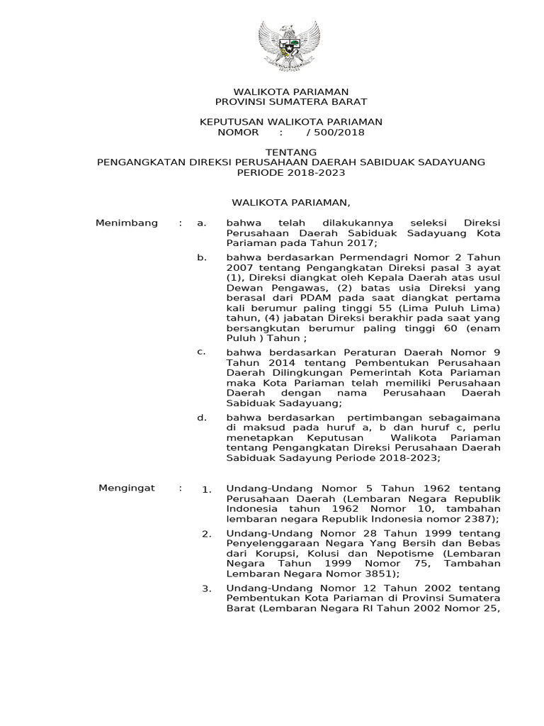 Pengangkatan Direksi PD Sabiduak 2018-2023 | PDF