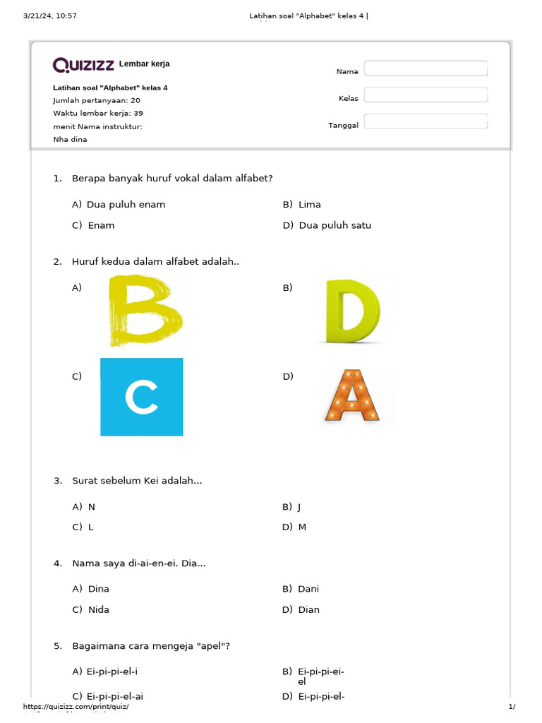 Latihan Soal Alphabet Kelas 4 | PDF