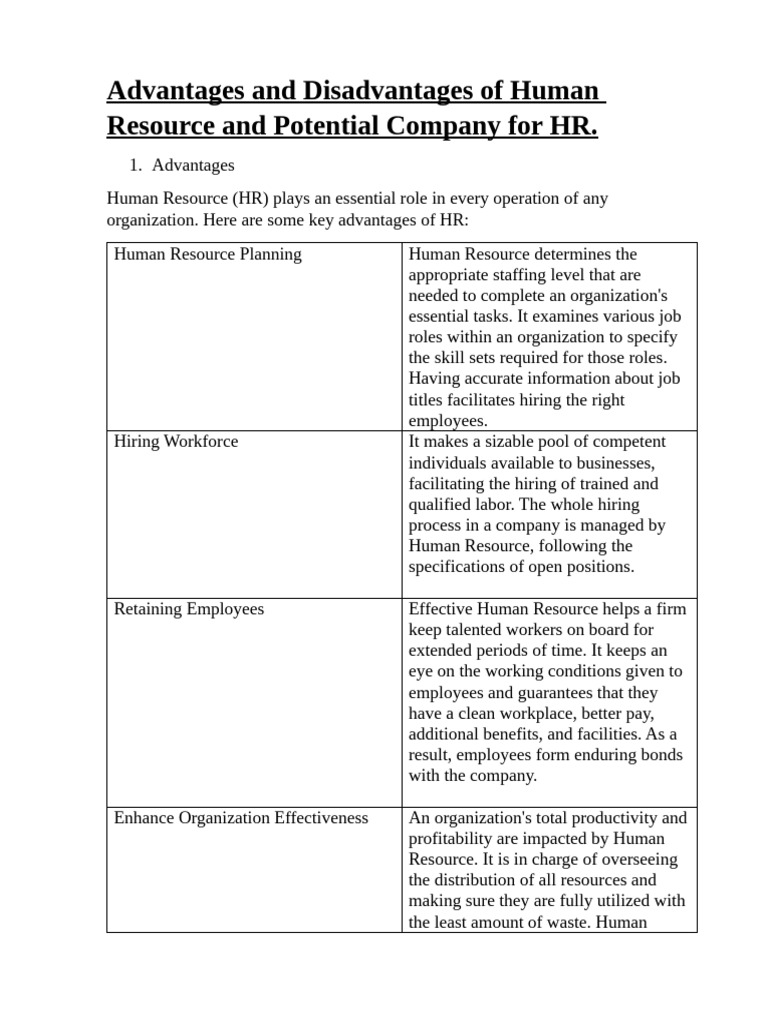 Advantages and Disadvantages of Human Resource Management | PDF | Human ...
