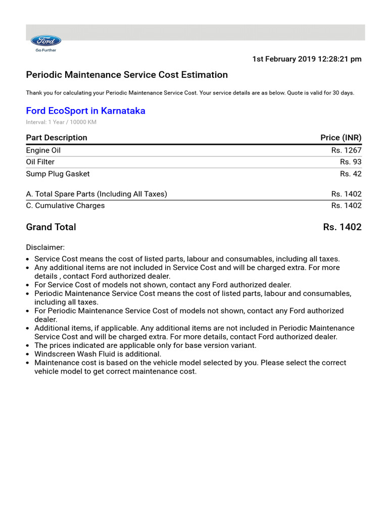 Ford EcoSport Maintenance Cost Estimate | PDF