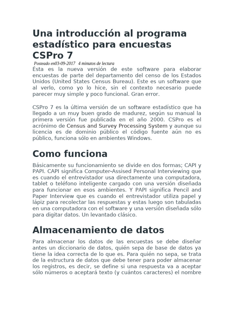 Una Introducción Al Programa Estadístico para Encuestas CSPro 7 | PDF | Mi sql | Software de la ...