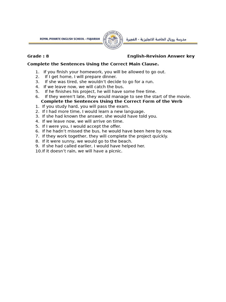 Grade 8-Revision Grammar Answer Key | PDF