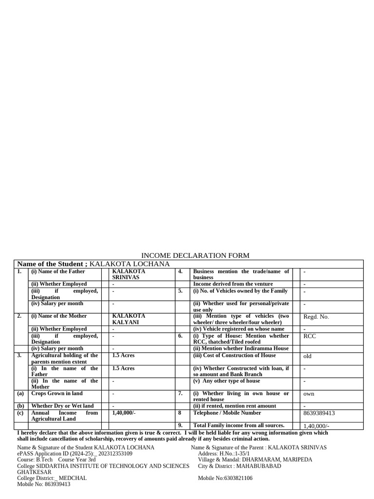 Income Declaration Form for Scholarship | PDF