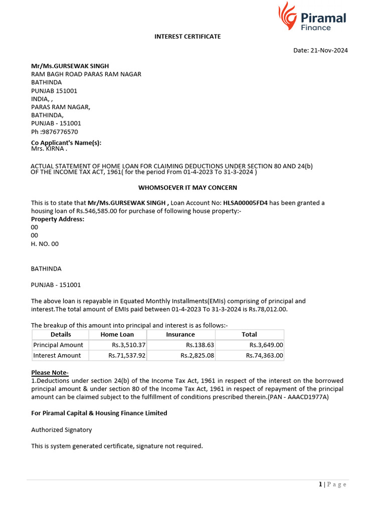 Piramal Home Loan Interest Certificate 2024 | PDF