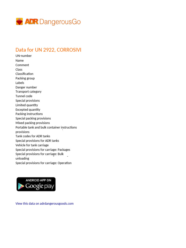 UN 2922: Corrosive Liquid Guidelines | PDF