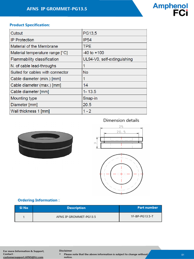 AFNS IP Grommet PG13.5 Specifications | PDF