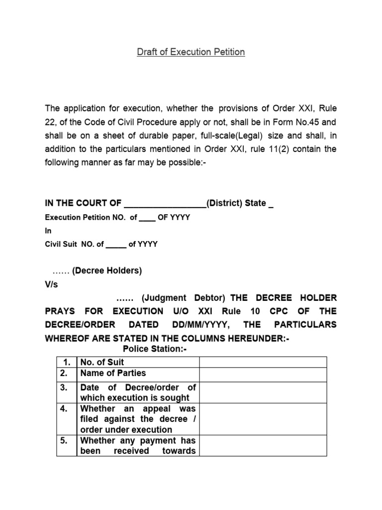 Execution Petition Draft | PDF | Lawsuit | Legal Procedure