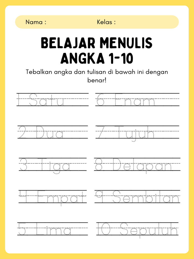 Belajar Menulis Menebalkan Angka 1-10 Lembar Kerja Kuning Sederhana | PDF