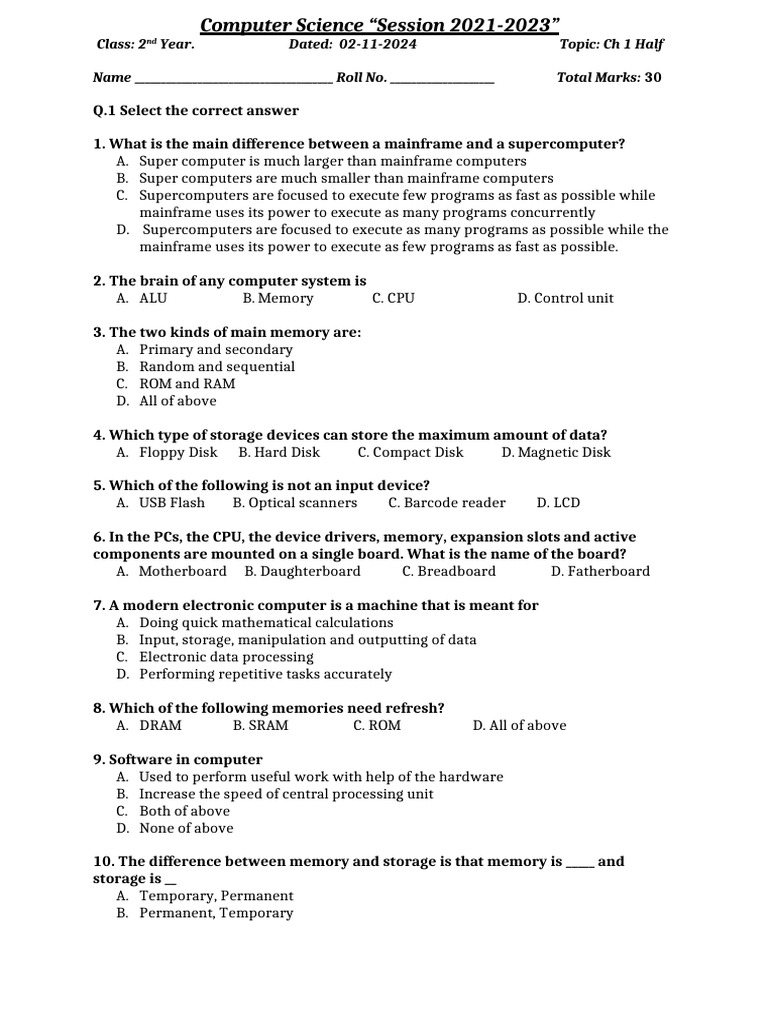 Computer Science Quiz: 2nd Year 2024 | PDF | Computer Data Storage ...