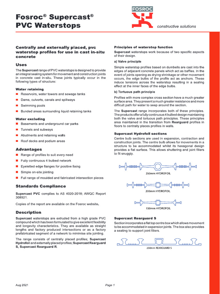 Fosroc Supercast PVC Waterstops TDS - Fosroc - Supercast - PVC - Waterstops - TDS | PDF