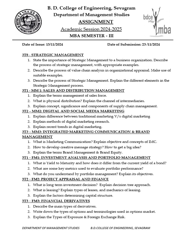 Assignments III 2024 25 | PDF | Strategic Management | Marketing