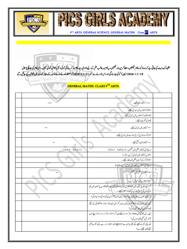 G. Maths, G Science Class 9th Arts. | PDF