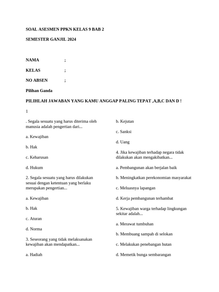 Soal Asesmen PPKN Kelas 9 Bab 2 | PDF
