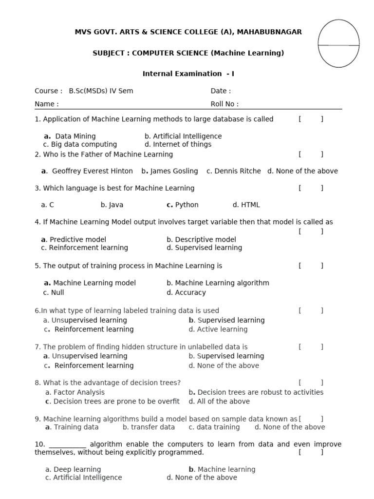 Machine Learning Exam Questions | PDF | Machine Learning | Artificial ...