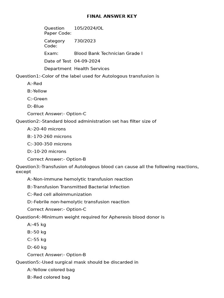 Fianl Key Blood Bank Tech GR I | PDF | Blood Type | Blood Donation