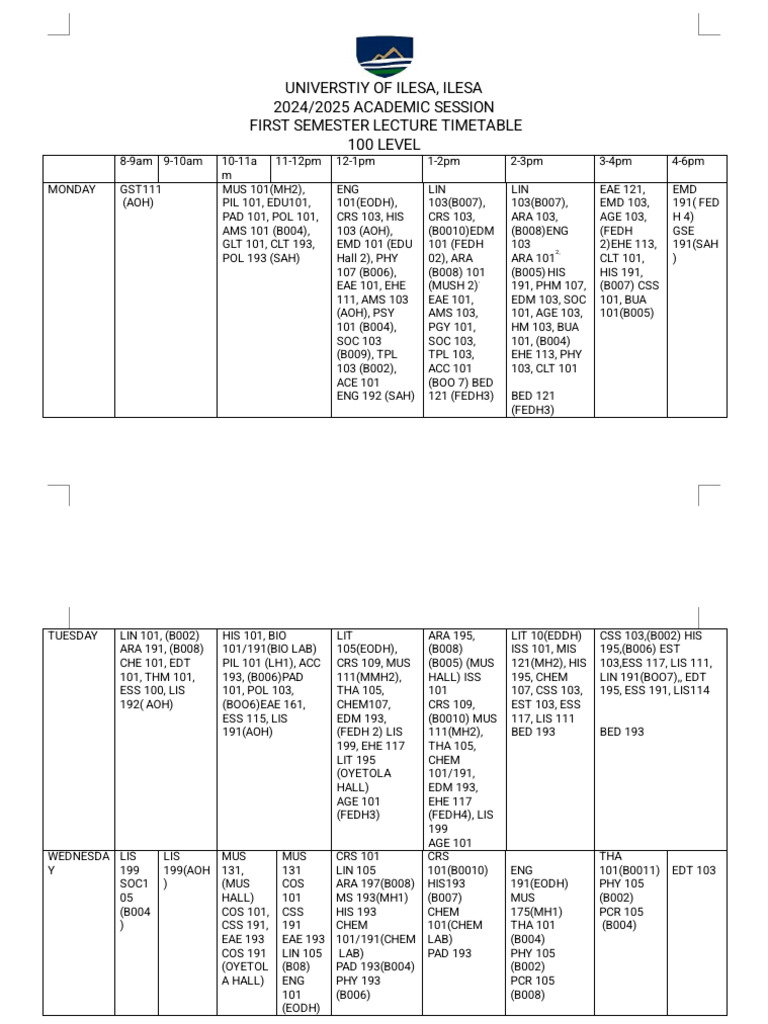 Unilesa 2024/2025 Timetable Overview | PDF