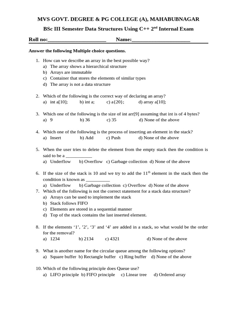 BSc Data Structures Exam MCQs | PDF