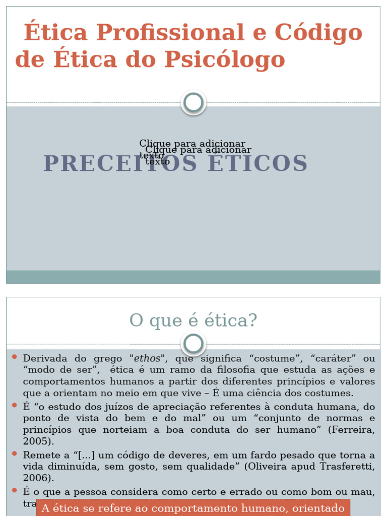 Aula 1 - Ética Profissional e Código de Ética Do Psicólogo - Preceitos Éticos | PDF | Moralidade ...