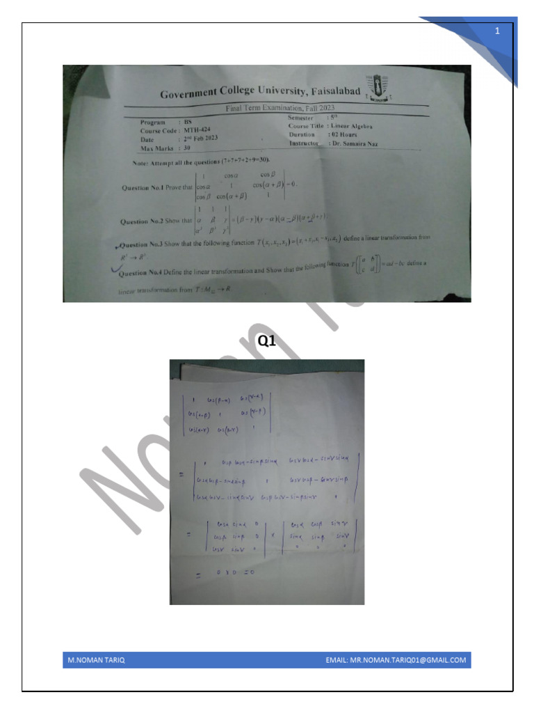 Linear Algebra Past Paper | PDF