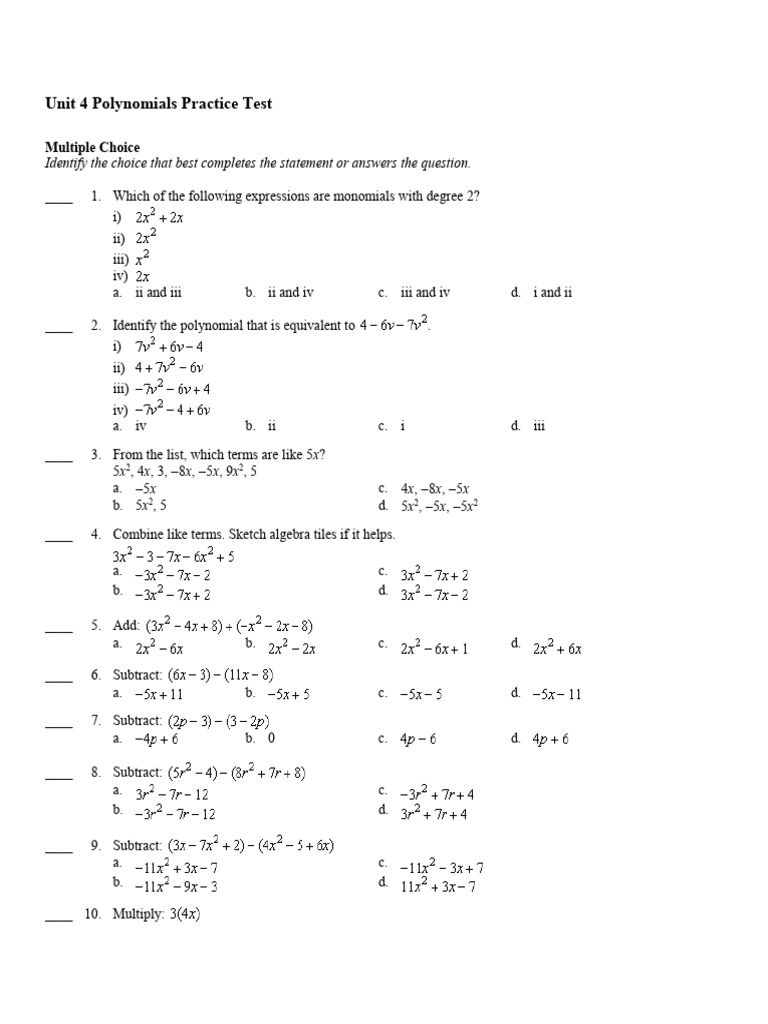 Polynomials Practice Test | PDF | Area | Polynomial
