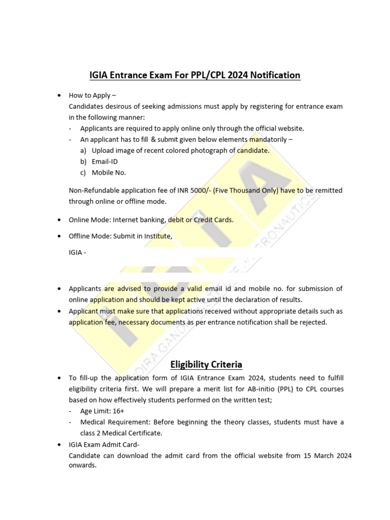 IGIA Entrance Exam For PPL CPL | PDF | University And College Admission