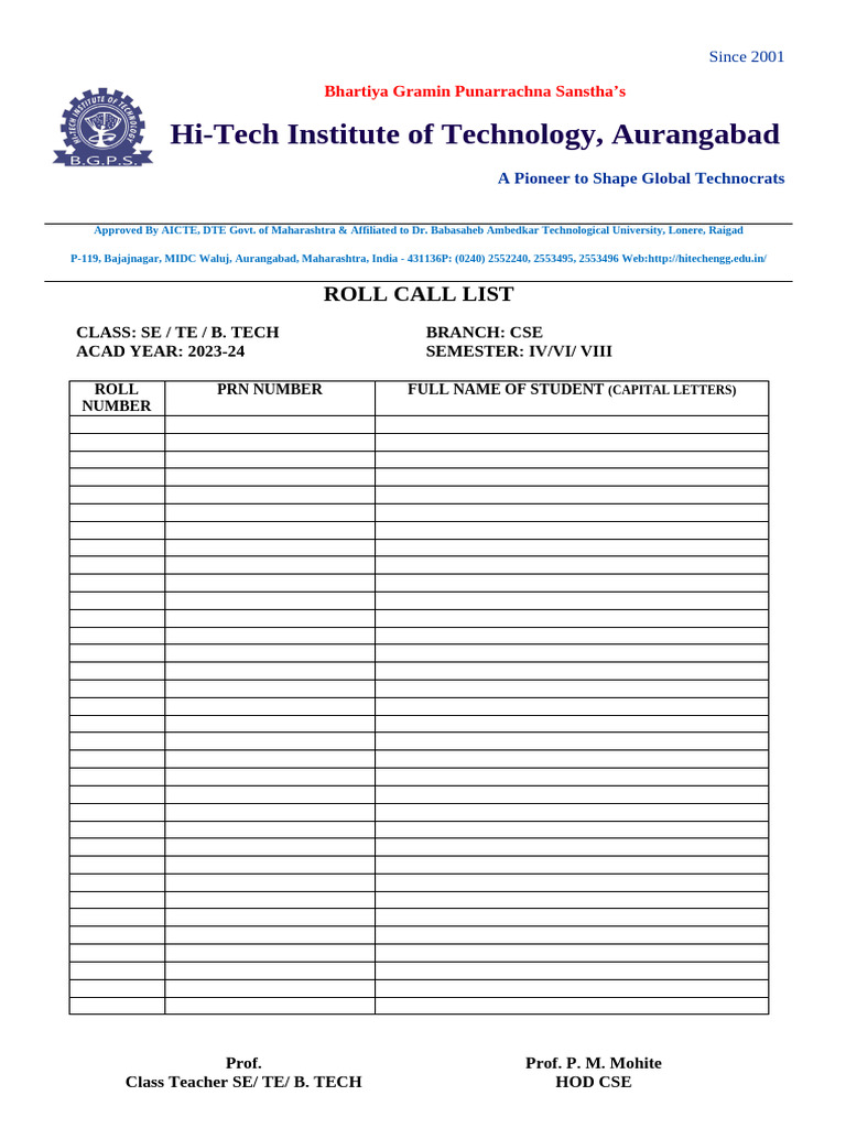 Roll Call List Blank Format | PDF