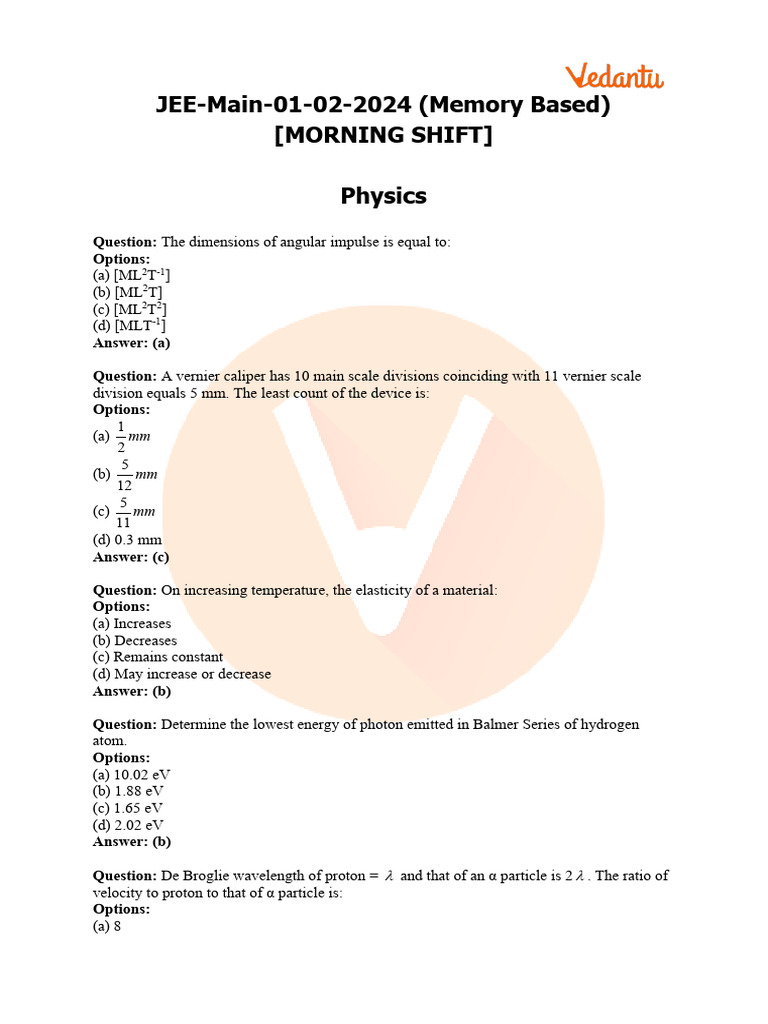 JEE Main 2024 Physics Morning Shift | PDF | Electronvolt | Gases