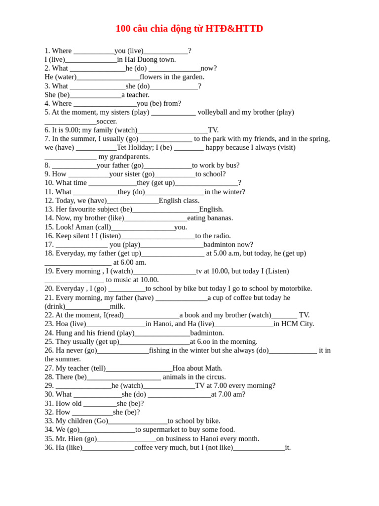 100 Câu Tổng Hợp Thì HTĐ&HTTD | PDF