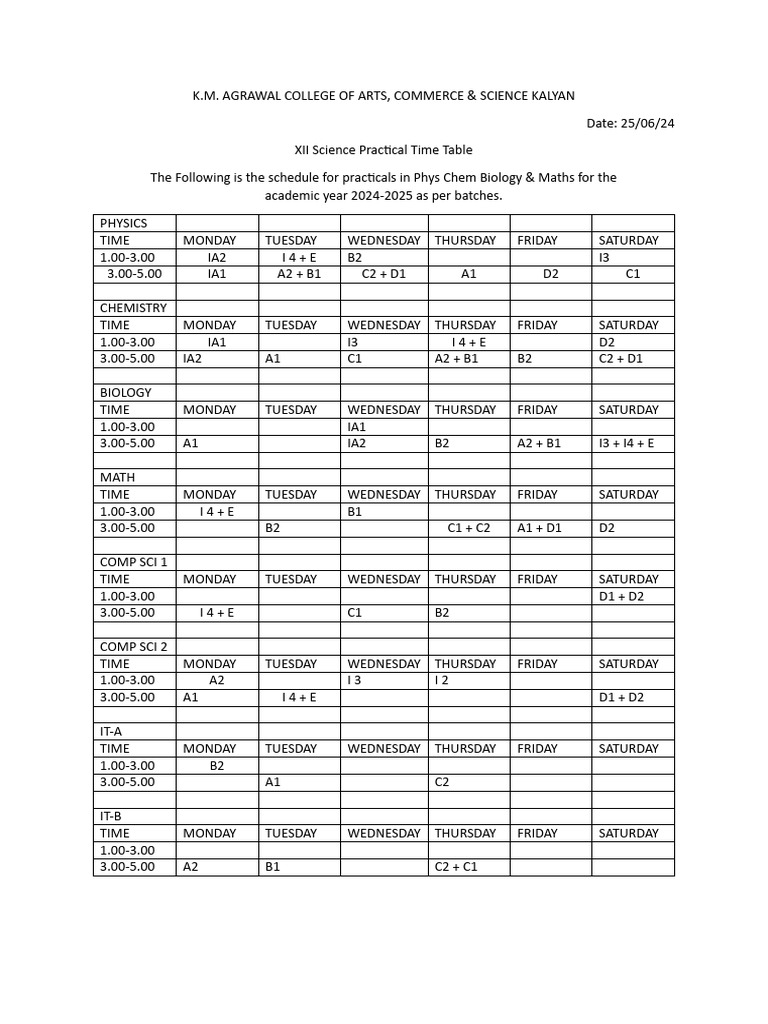 XII Science Practical Timetable 2024-25 | PDF
