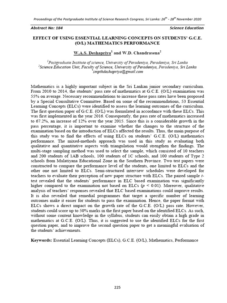 Effect of Using Essential Learning Concepts On Students' G.C.E. (O/L ...