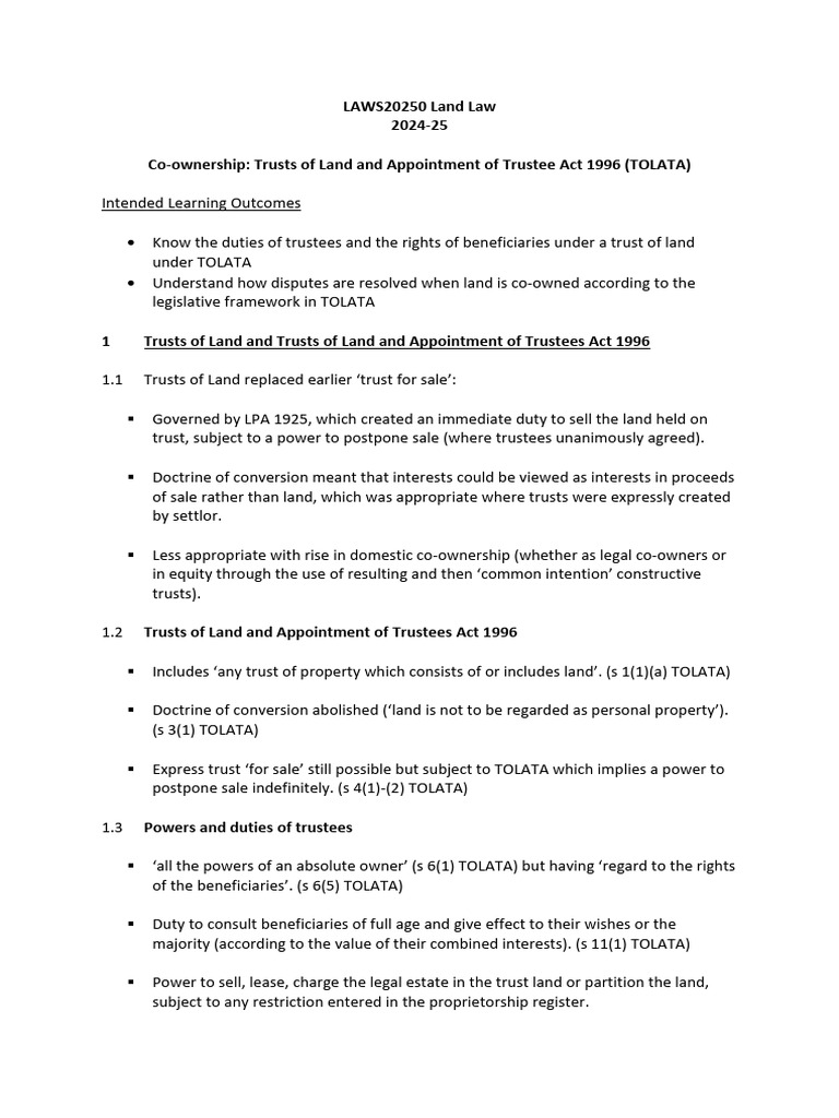 LAWS20250 Land Law - Co-Ownership - ToLATA | PDF | Trustee | Mortgage Law