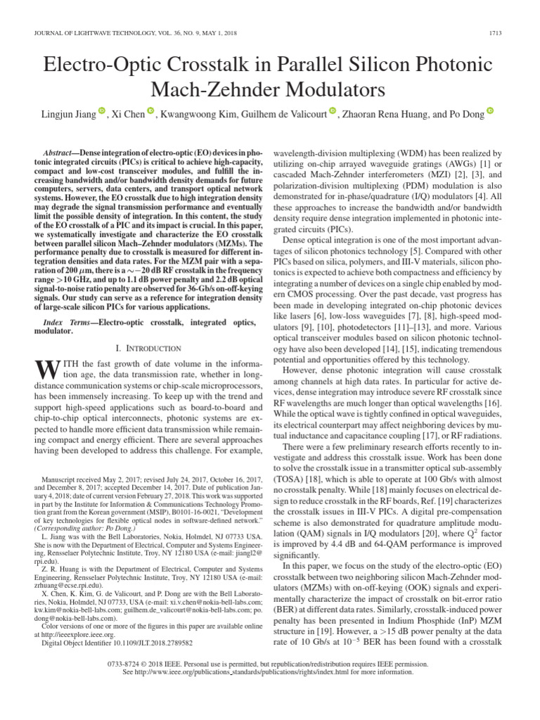 Electro-Optic Crosstalk in Parallel Silicon Photonic Mach-Zehnder ...