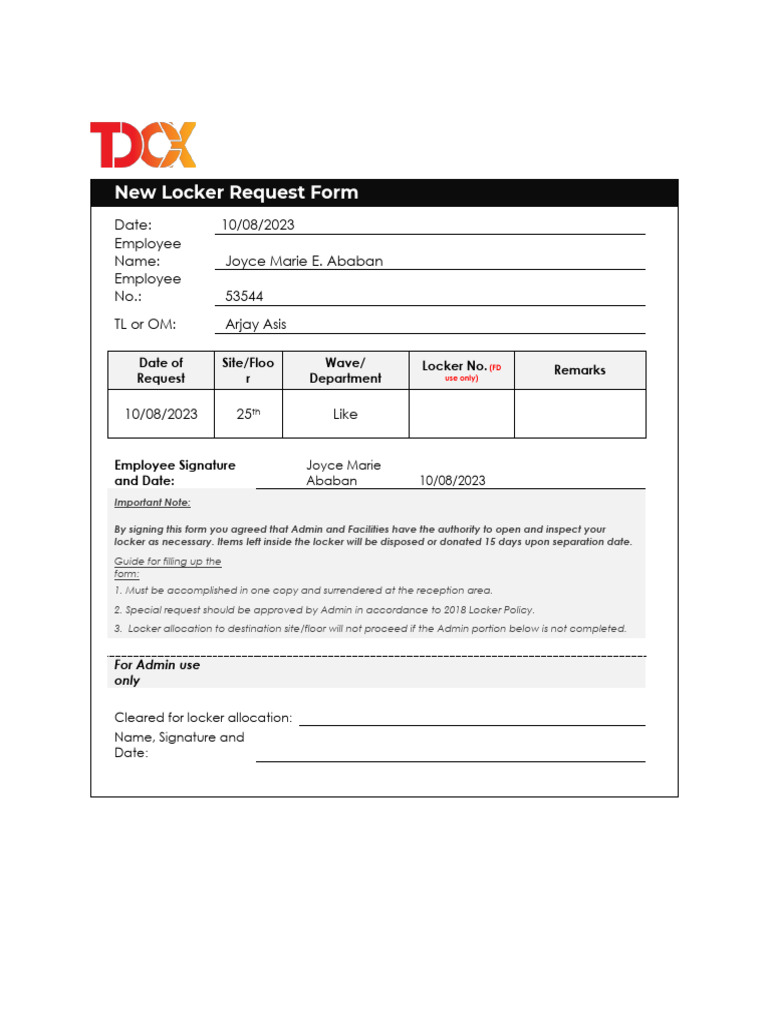 Locker Request Form | PDF