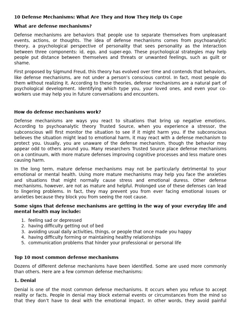 10 Defense Mechanisms | PDF | Feeling | Psychology