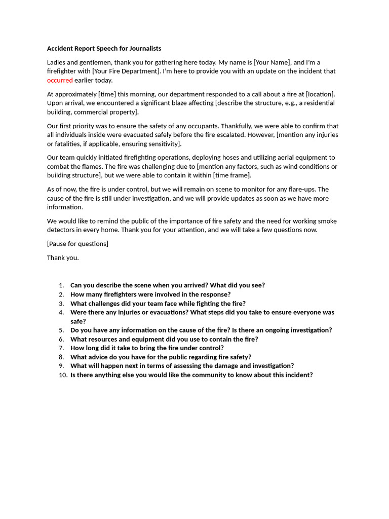 Accident Report Speech For Journalists | PDF | Firefighter | Fires