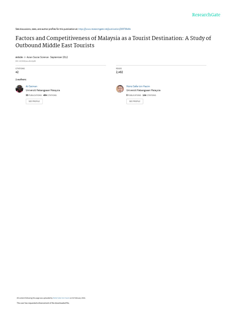 Factors and Competitiveness of Malaysia As A Touri | PDF | Tourism | Malaysia