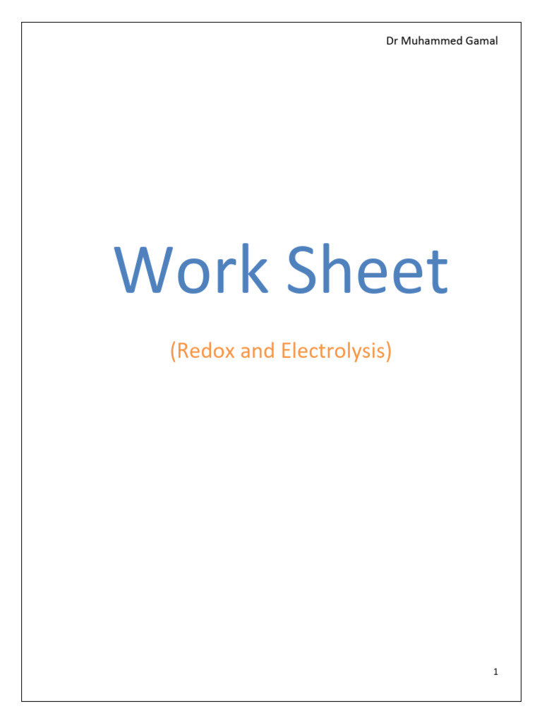 Work Sheet (Redox and Electrolysis) | PDF