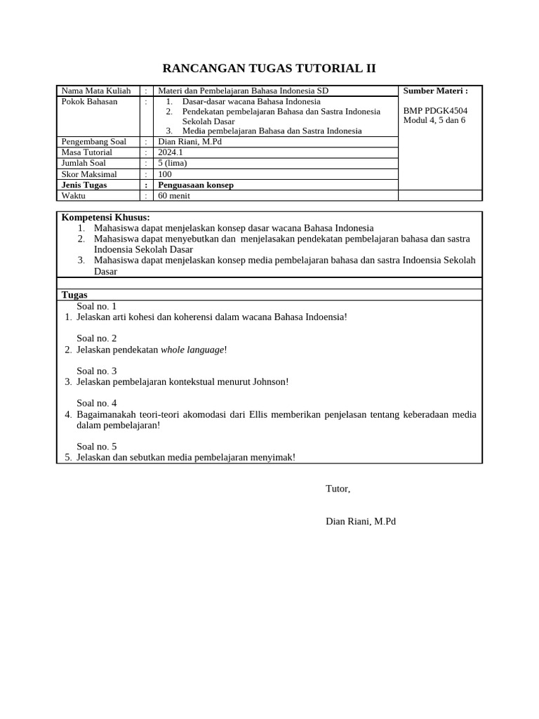 Tugas Tutorial Bahasa Indonesia SD 2024 | PDF