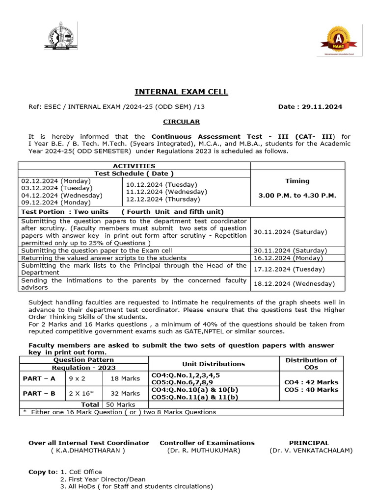 CAT3 Circular First Year 24 25 Odd Semester | PDF | Career And ...