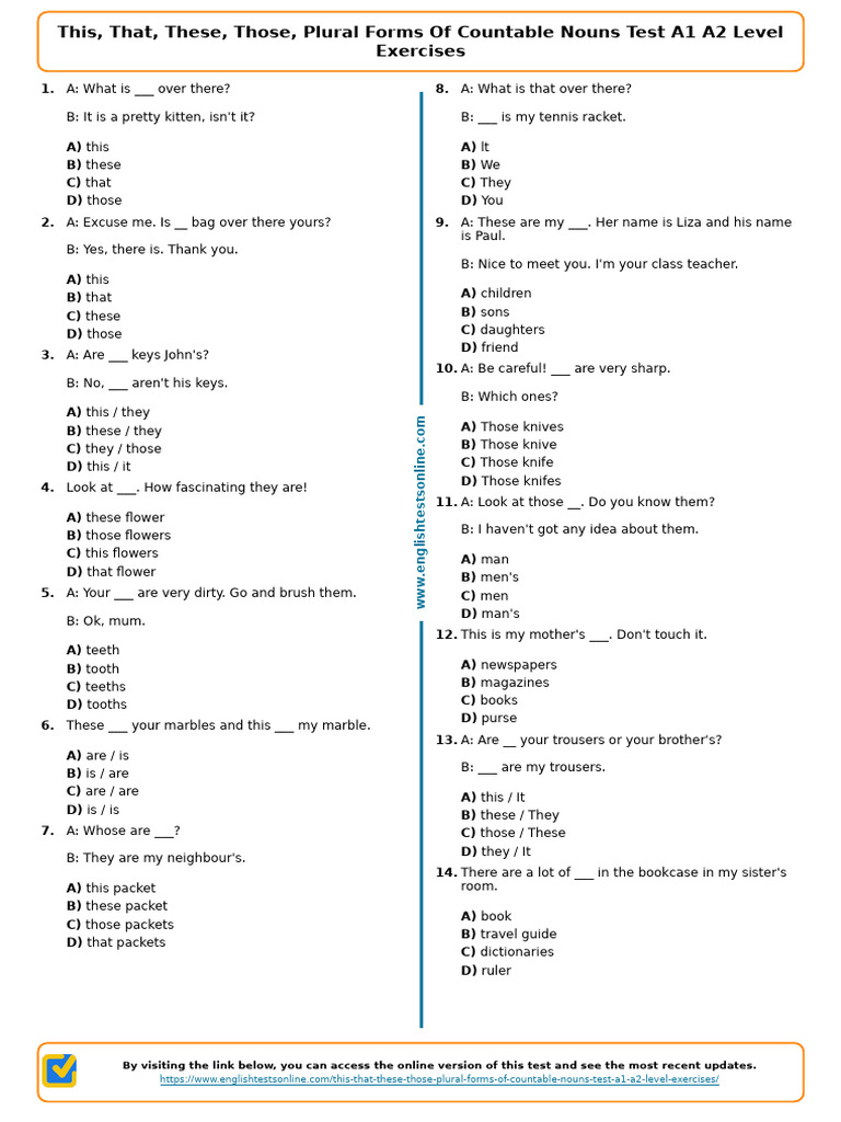 409 This That These Those Plural Forms of Countable Nouns Test A1 A2 ...
