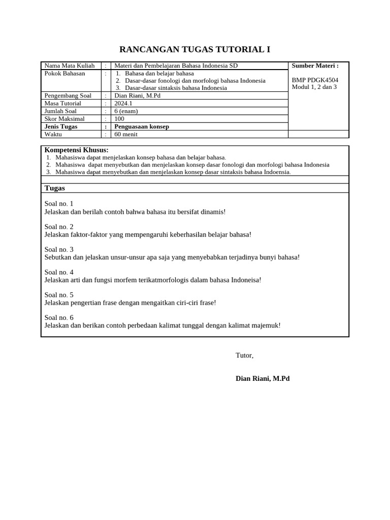 Rancangan Tugas Tutorial I Materi Pemb. BHS Indonesia | PDF