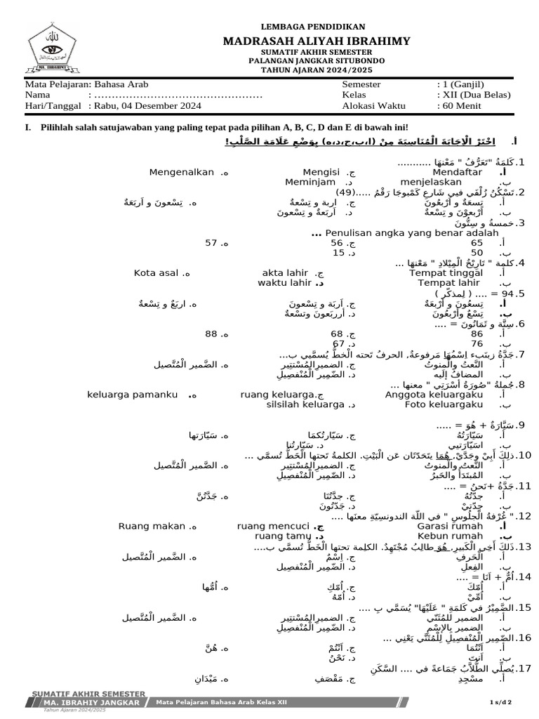 Soal Bahasa Arab Kelas 12 | PDF