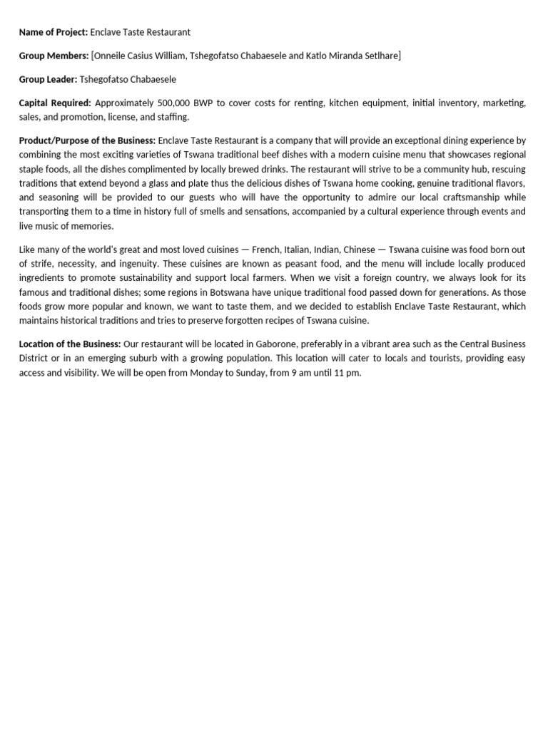 Enclave Taste: Tswana Cuisine Hub | PDF | Restaurants | Menu