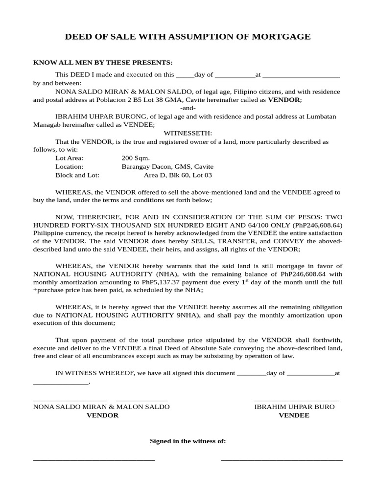 Deed of Sale With Assumption of Mortgage | PDF | Business Law | Common Law