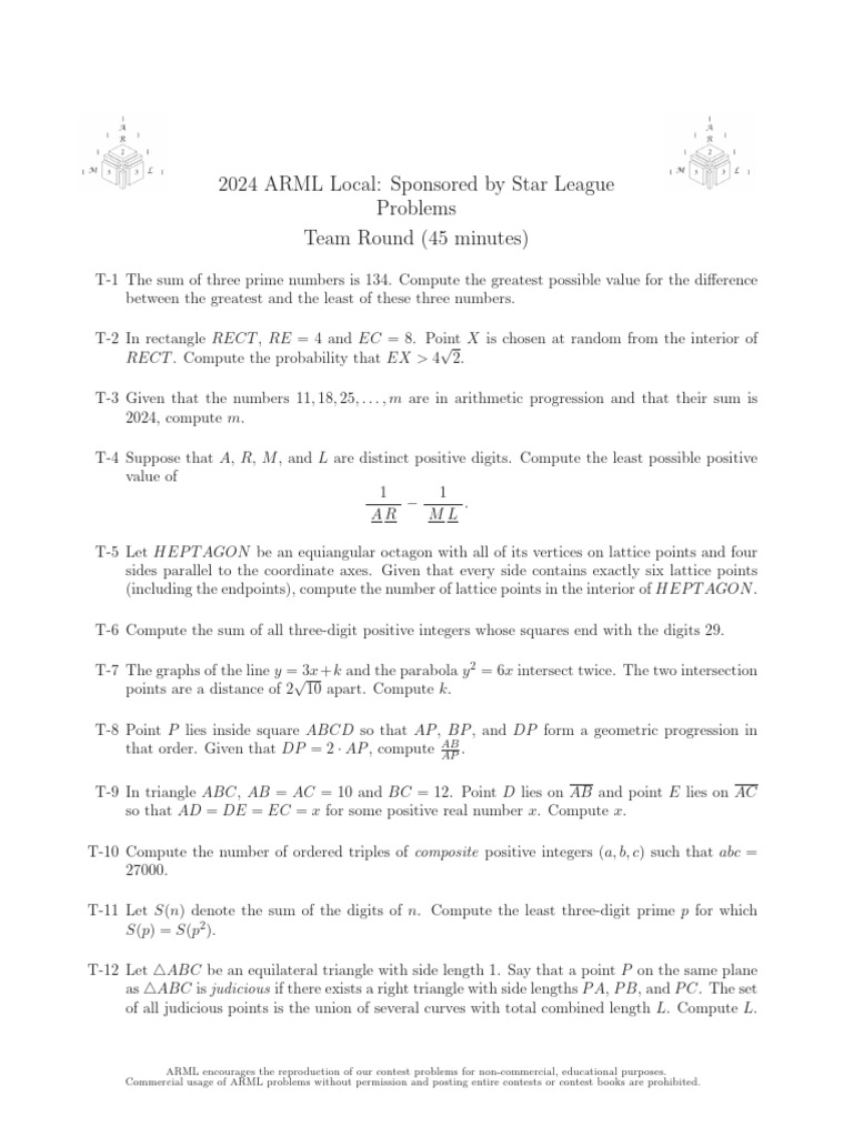 ARML Local 2024 Problems | PDF | Triangle | Equations