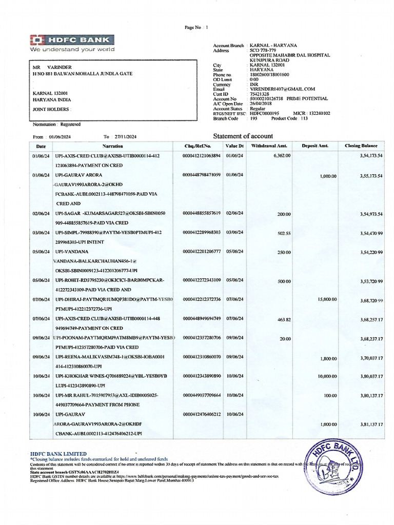 Varinder HDFC Bank Statement Scan | PDF