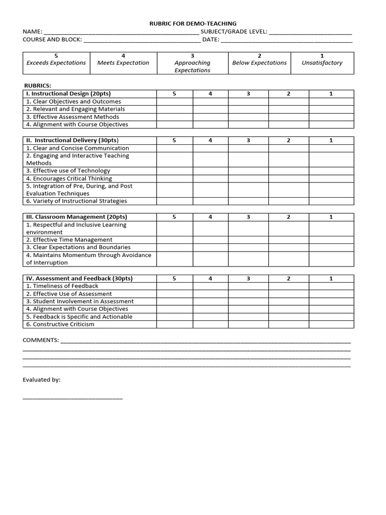 Demo-Teaching Evaluation Rubric | PDF
